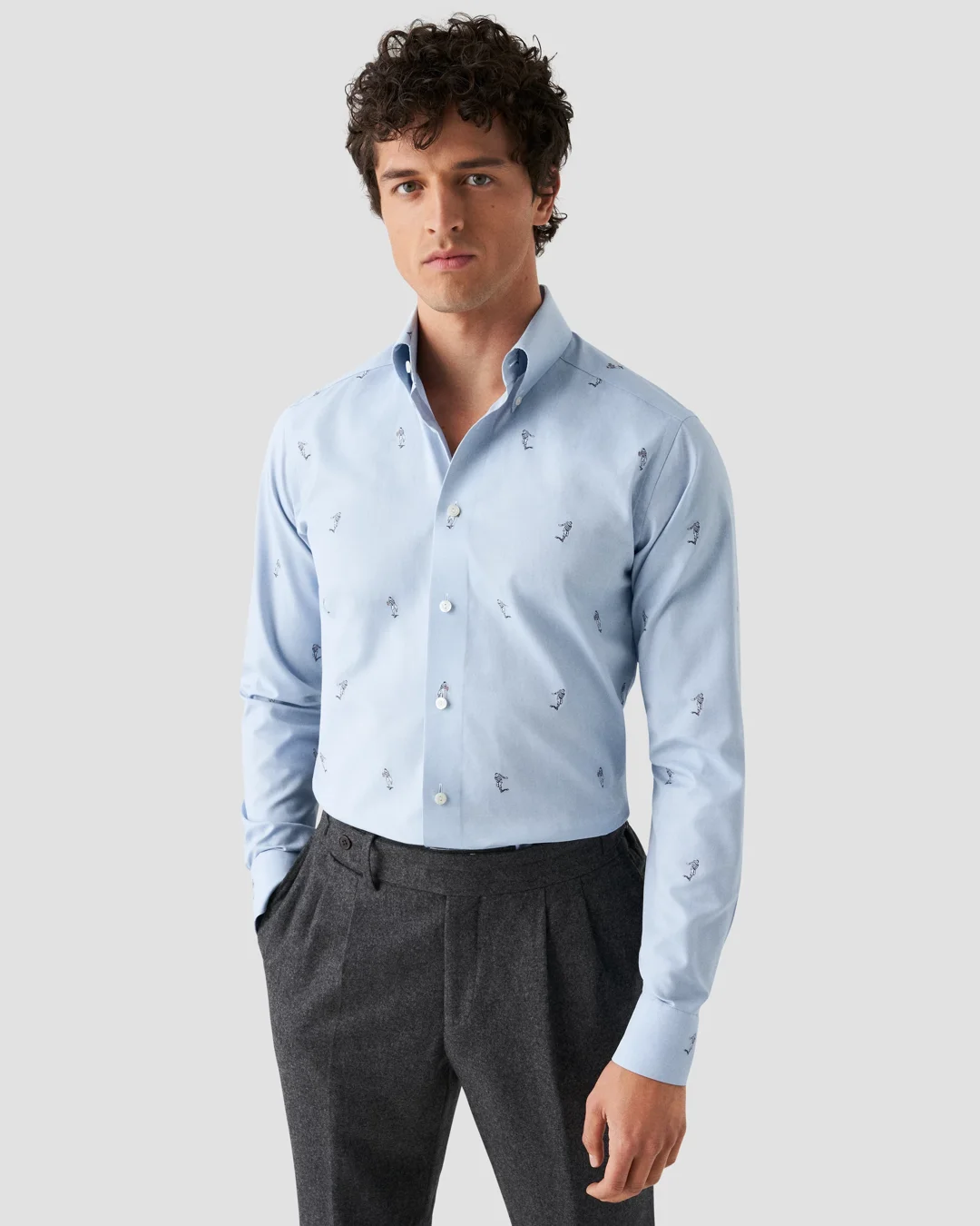 Light Blue Rugby Player Print Fil Coupé Shirt - Eton