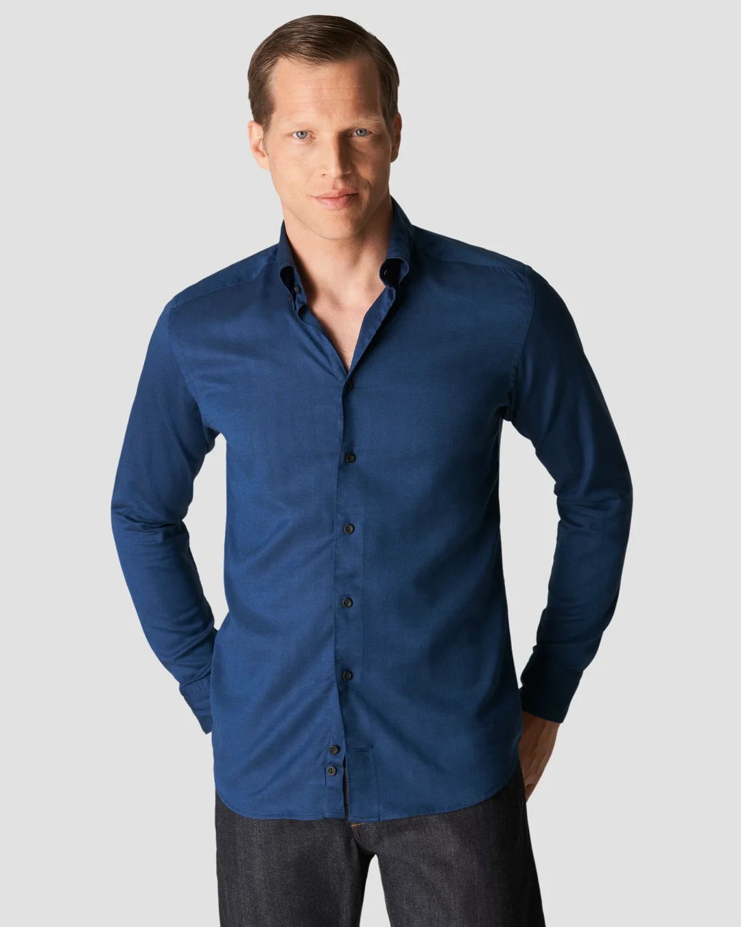 Navy Herringbone Flannel Shirt - Eton