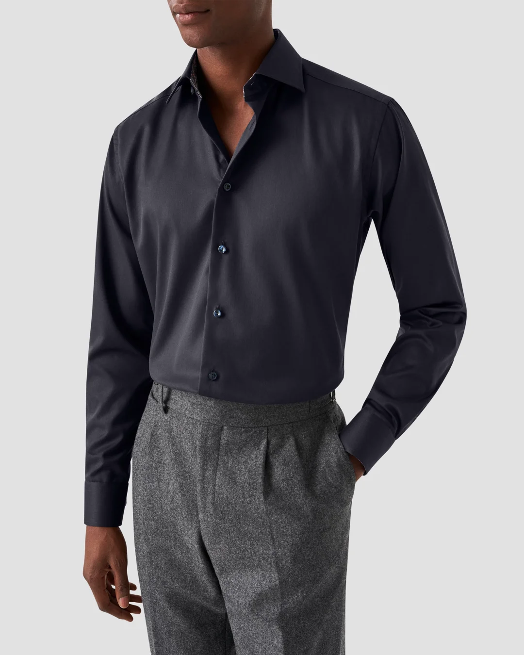 Navy Signature Twill Shirt - Paisley Contrast Details - Eton