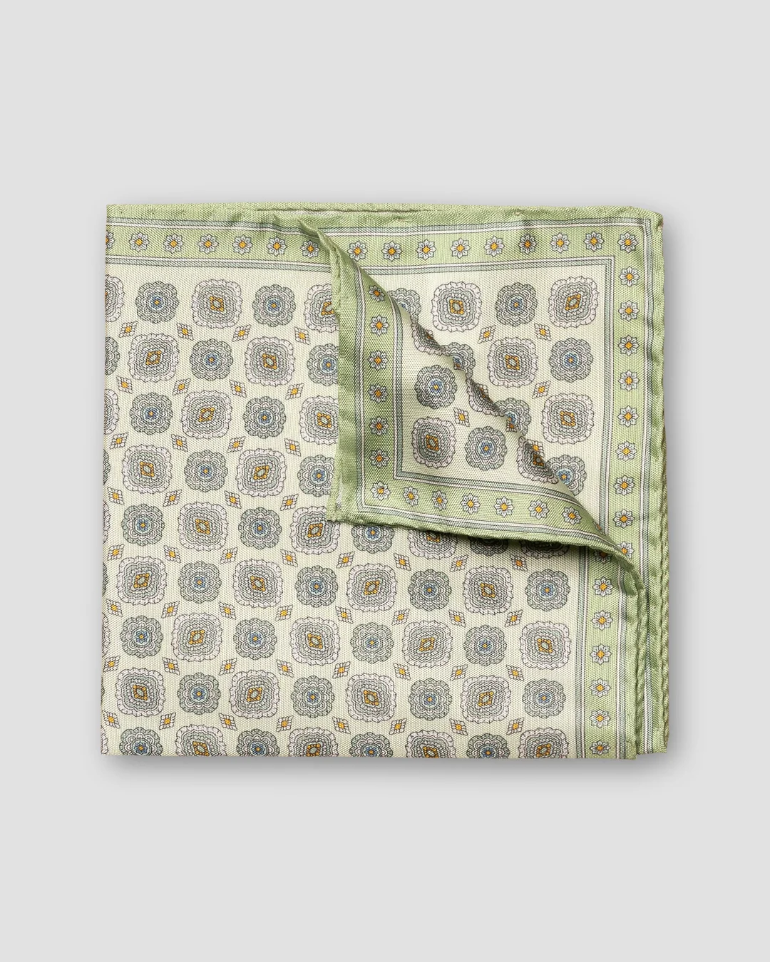 Light Green Medallion Print Tussah Silk Pocket Square - Eton