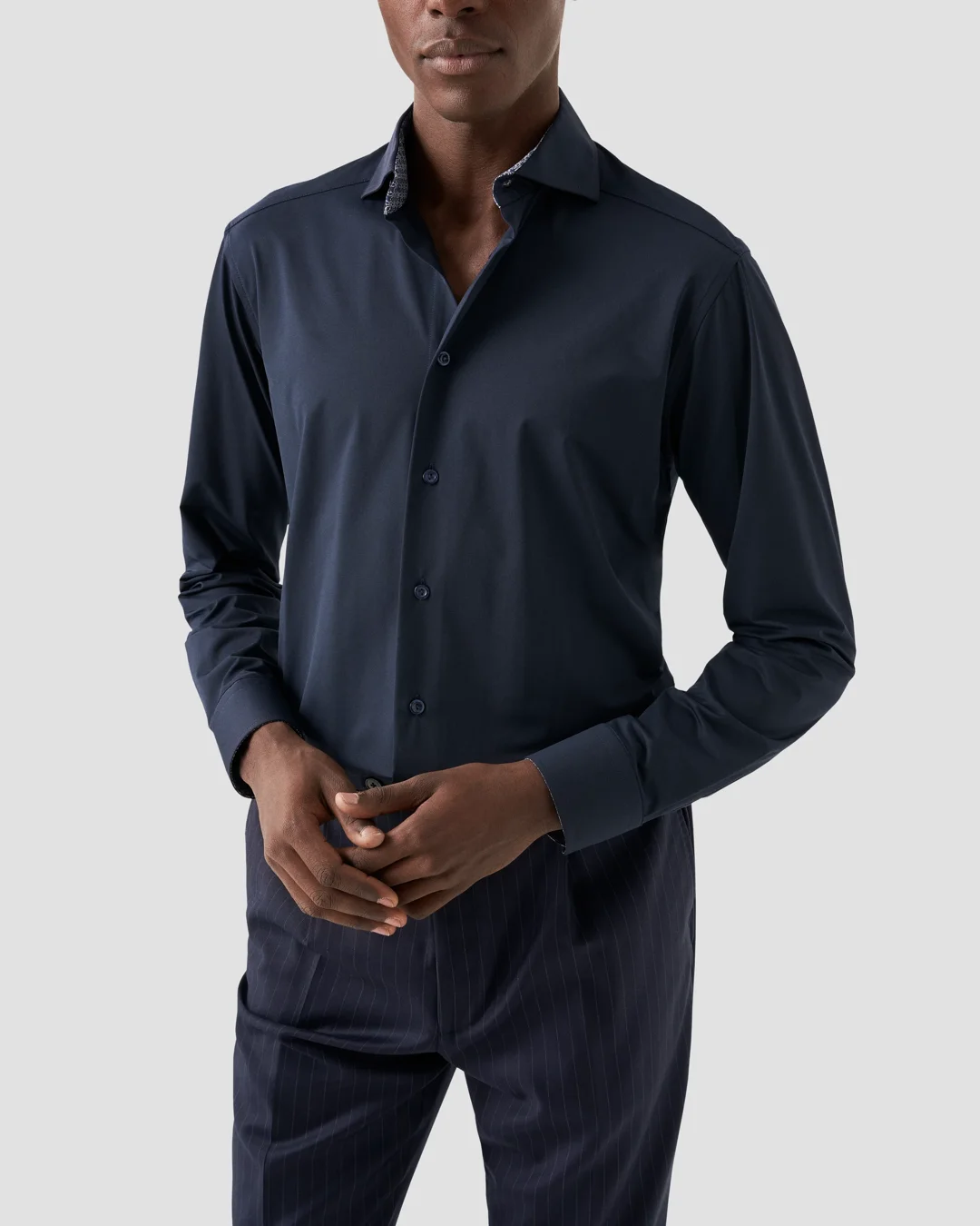 Navy Four-Way Stretch Shirt - Geometric Contrast Details - Eton