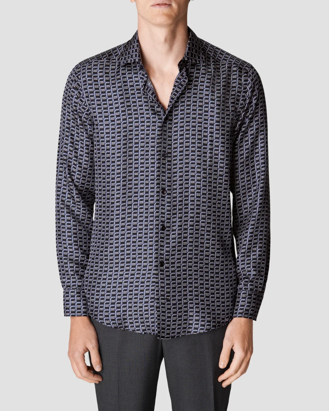 Navy Blue Geometric Silk Twill Shirt - Eton