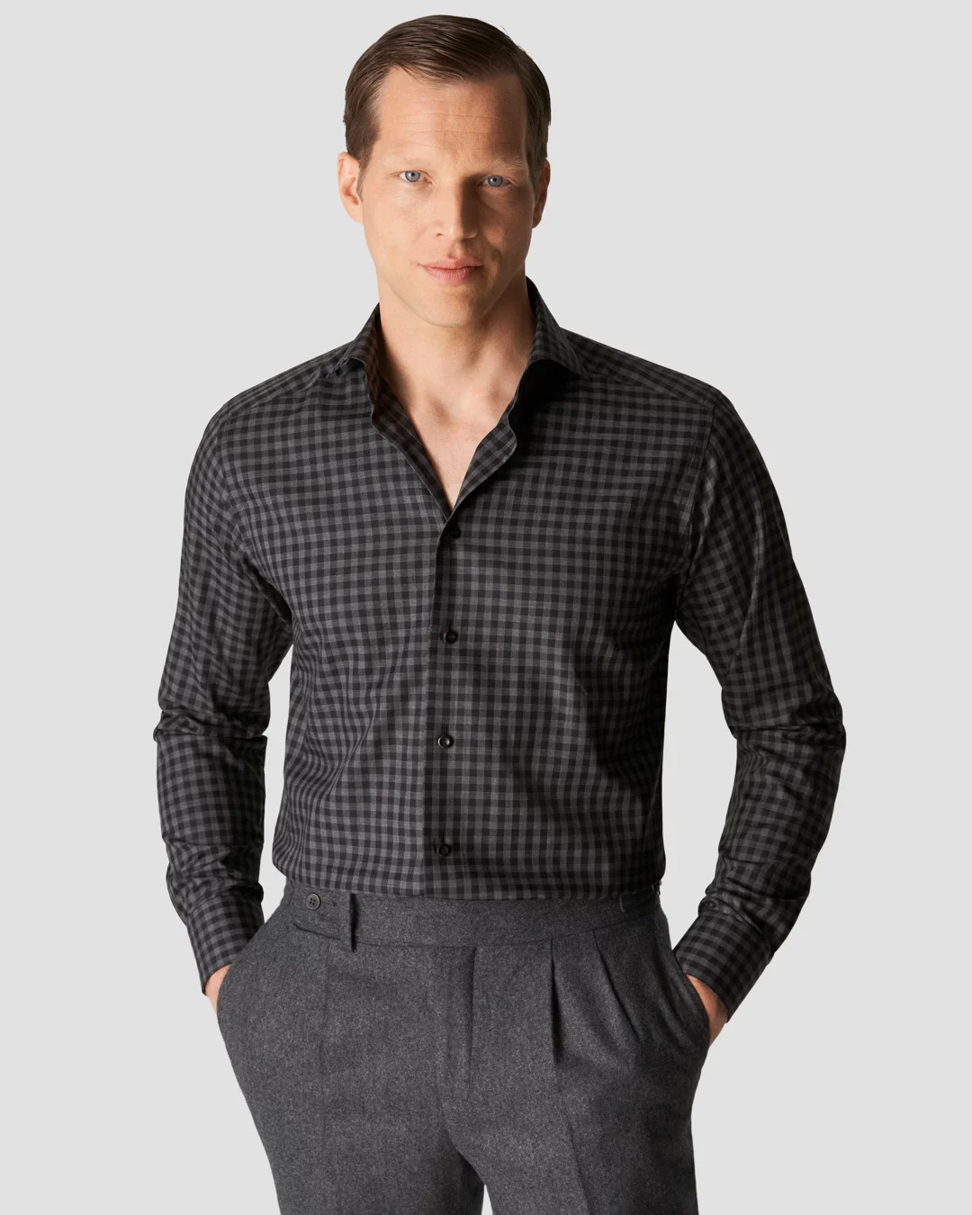 Dark Gray Checked Wrinkle Free Oxford Shirt - Eton