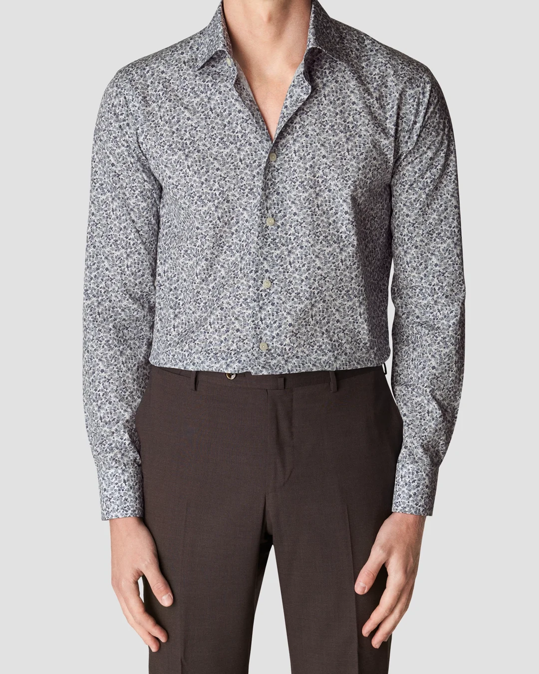 Gray Floral Print Signature Poplin Shirt - Eton