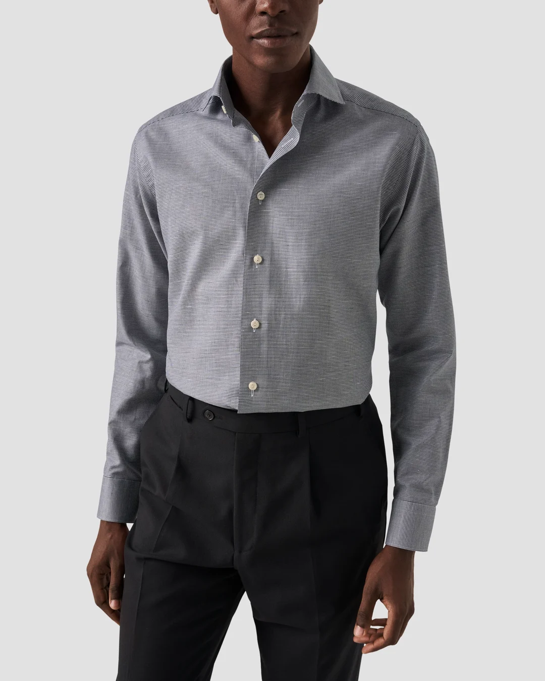 Navy Houndstooth Wrinkle Free Cotton Linen Shirt - Eton