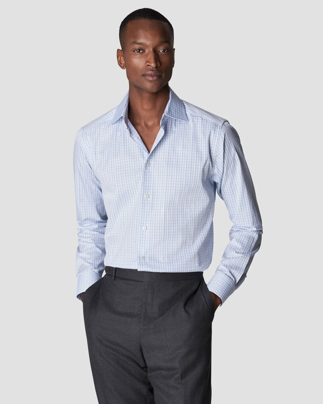 Light Blue Three Color Checked Signature Twill Shirt - Eton