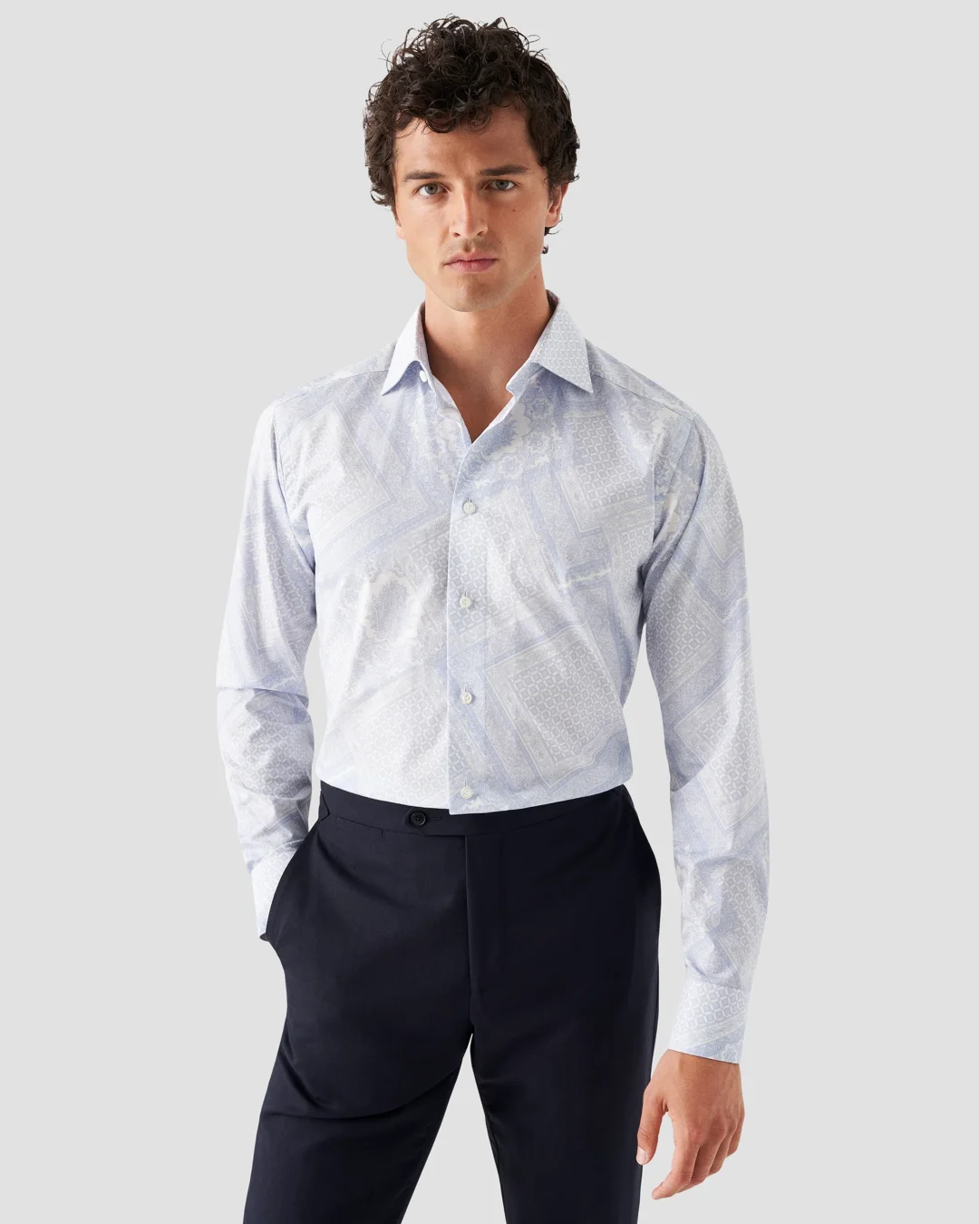 Light Blue Patchwork Print Signature Twill Shirt - Eton