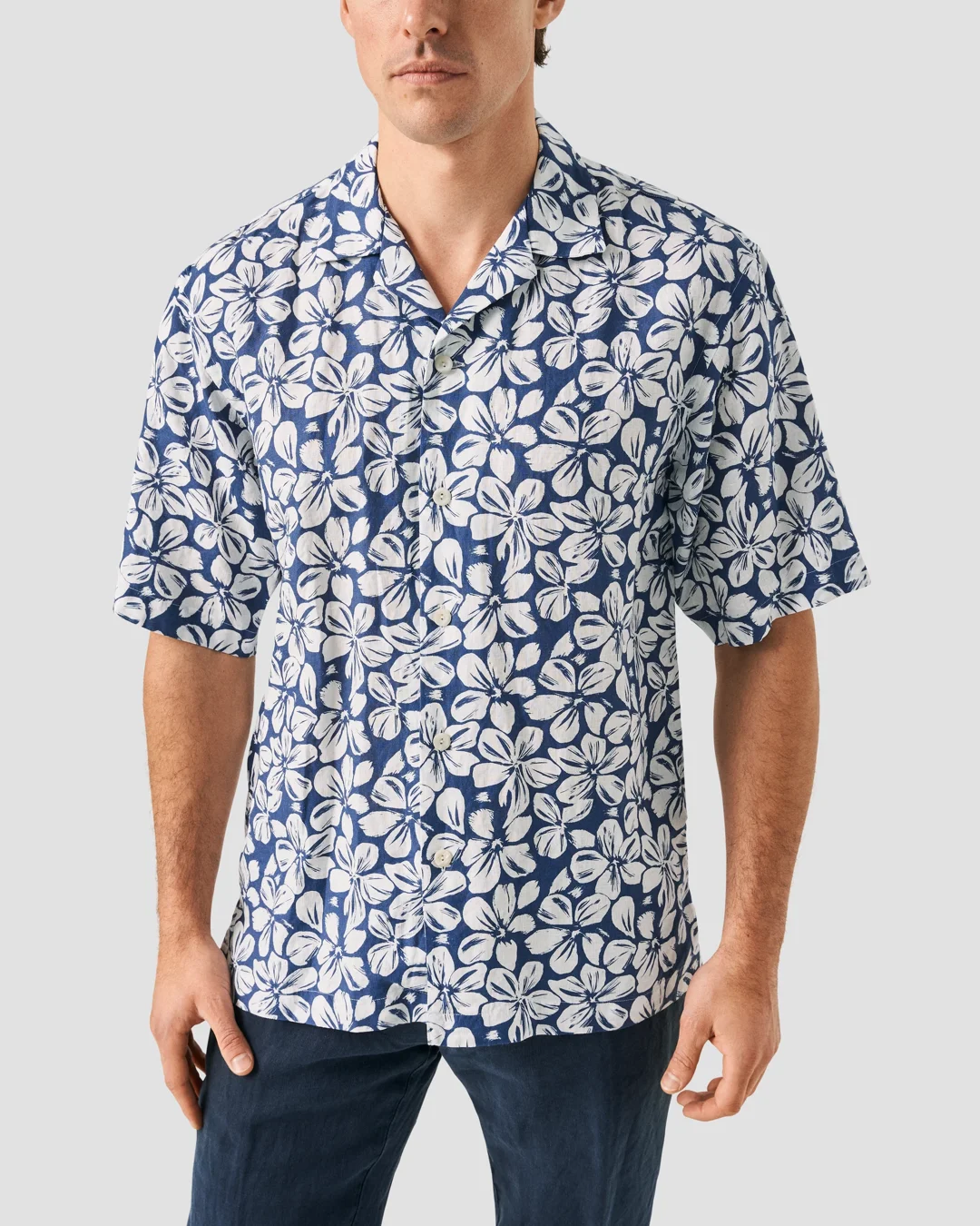 Blue Floral Print Linen Resort Shirt - Eton