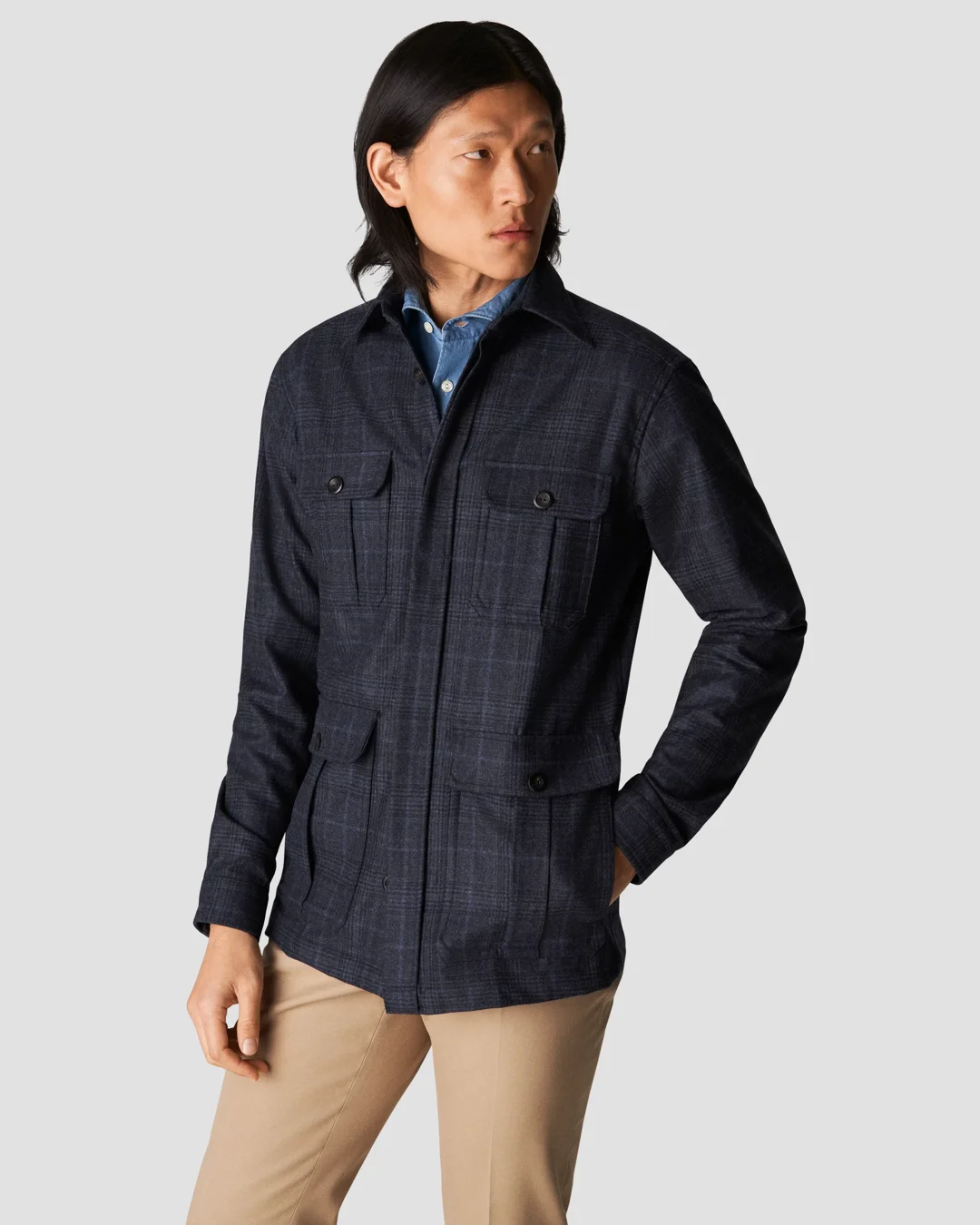 Navy Checked Wool-Cashmere Flannel Overshirt - Eton