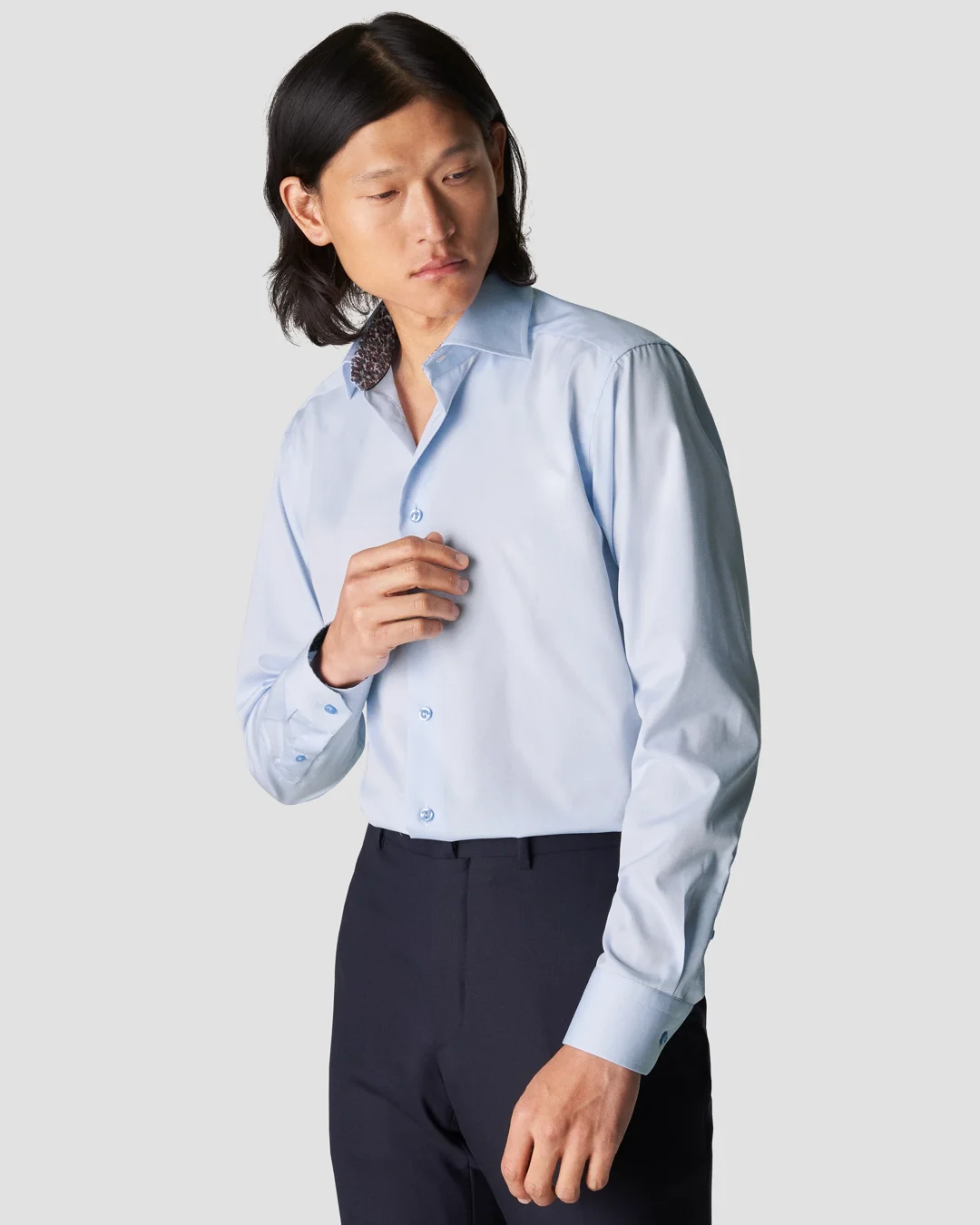Light Blue Signature Poplin Shirt - Floral Print Details - Eton