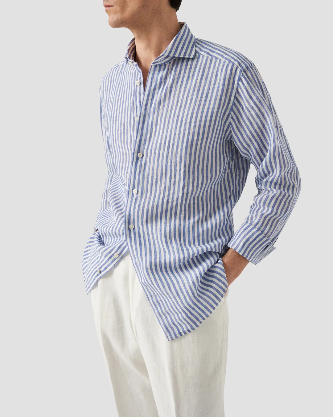 Mid Blue Striped Linen Shirt - Eton