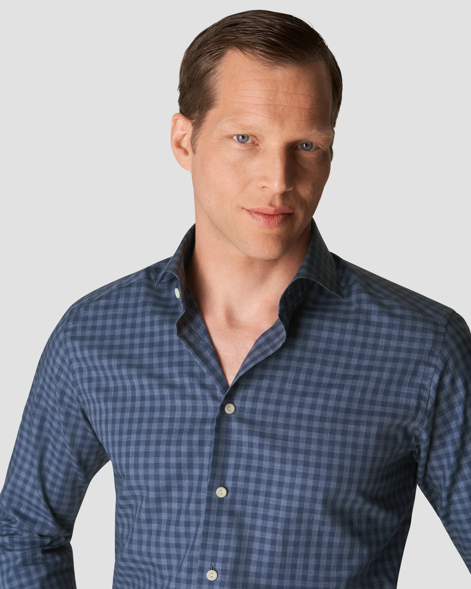 Mid Blue Checked Wrinkle Free Oxford Shirt - Eton