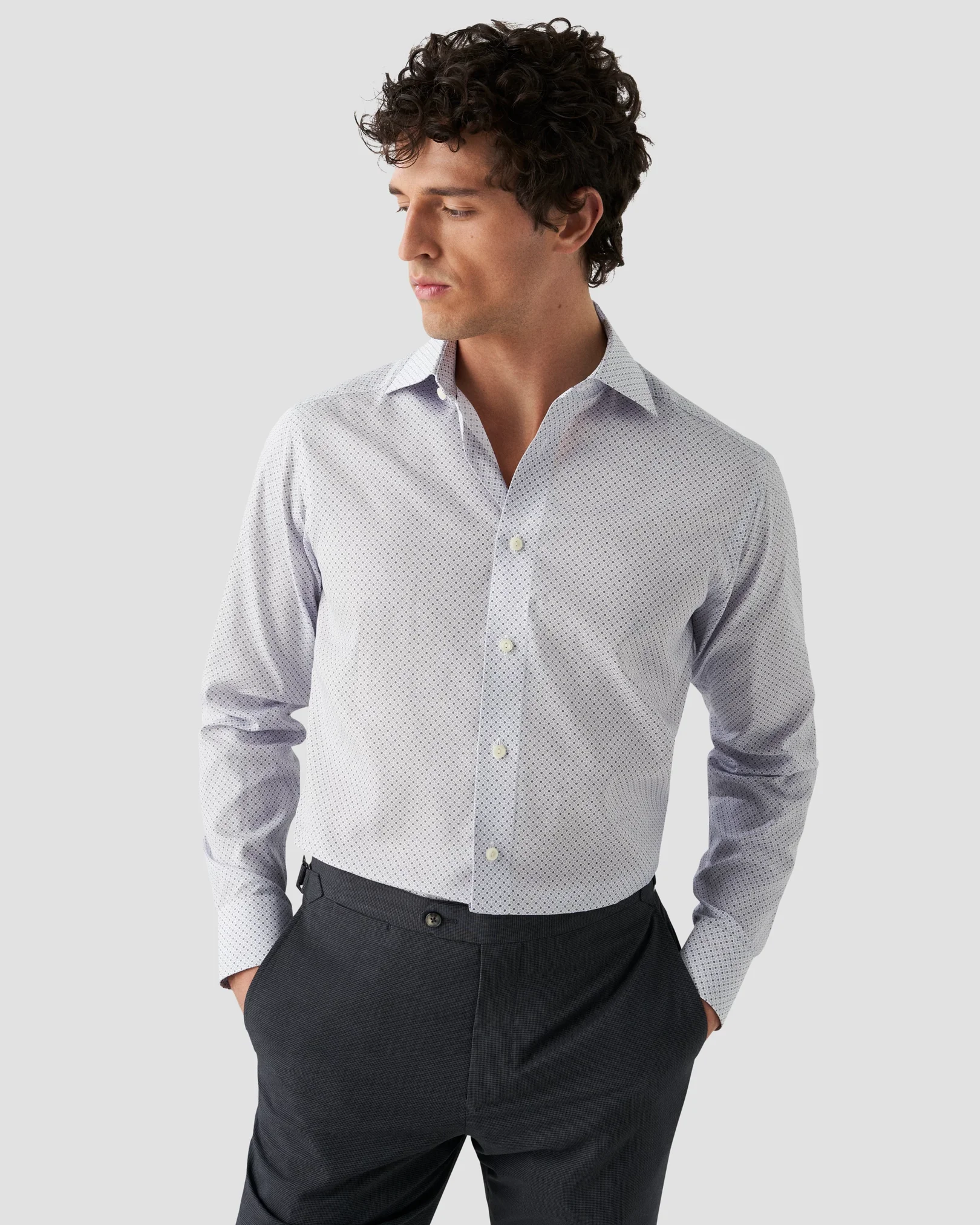 Light Blue Micro Floral Print Signature Poplin Shirt - Eton