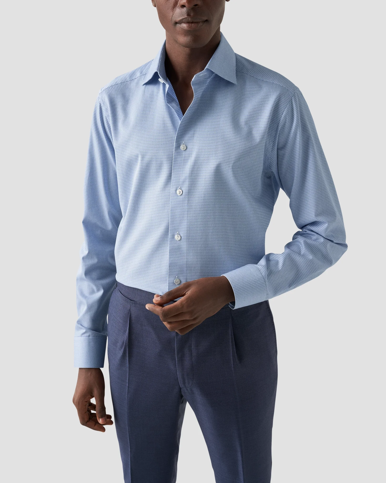 Light Blue Geometric Print Fine Piqué Shirt - Eton